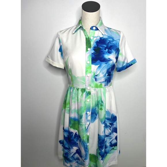 Donna Ricco | Dresses | Donna Ricco Shirt Dress White Blue Green Floral ...